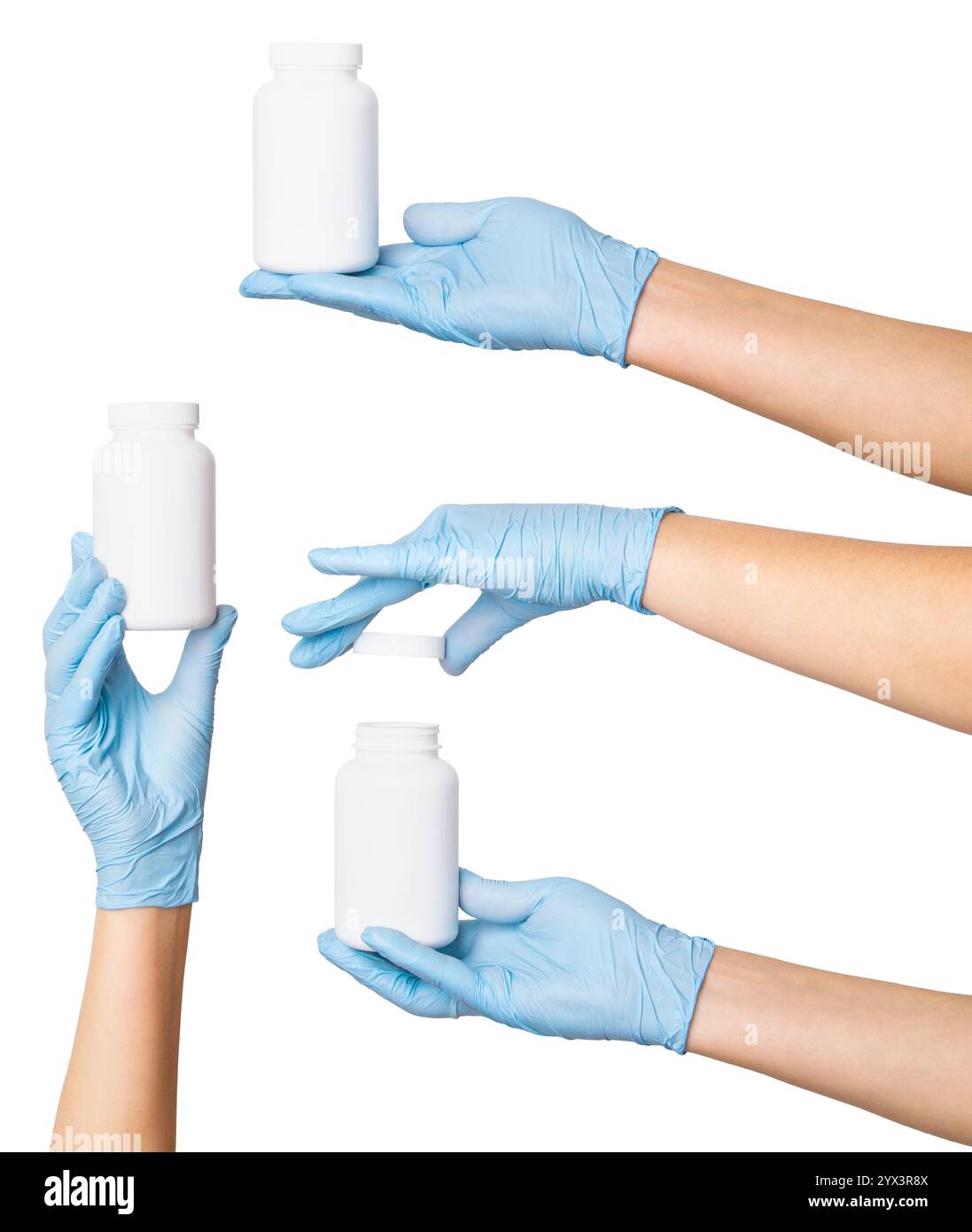Set of hands in medical gloves holding a jar of tablets on an empty ...