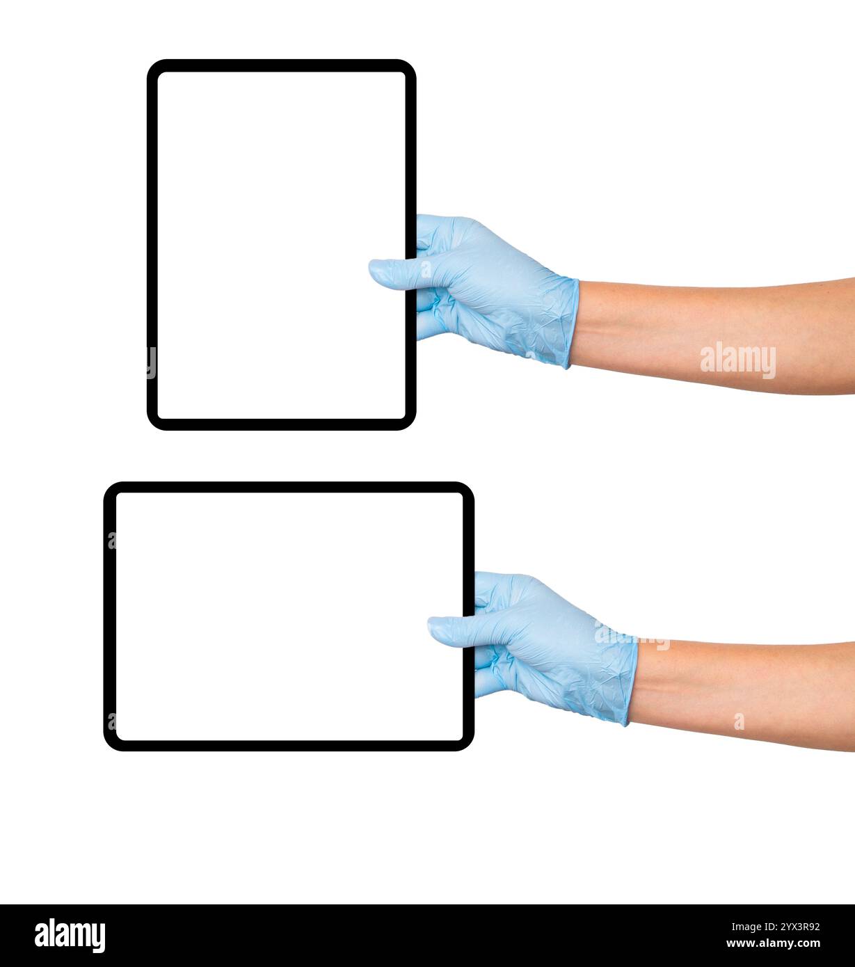 Set of hands in medical gloves holding an electronic tablet on an empty ...