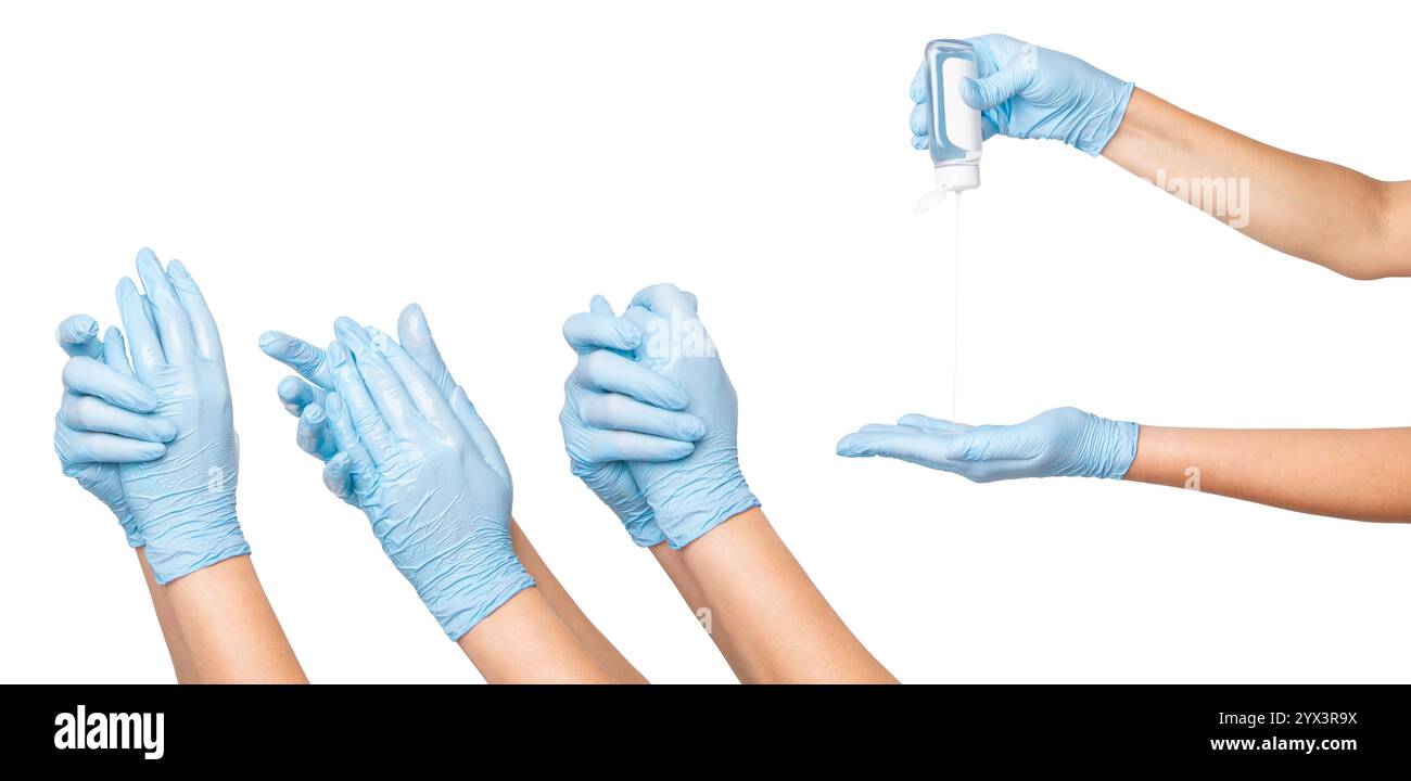 Set of hands in medical gloves applying antiseptic on an empty ...