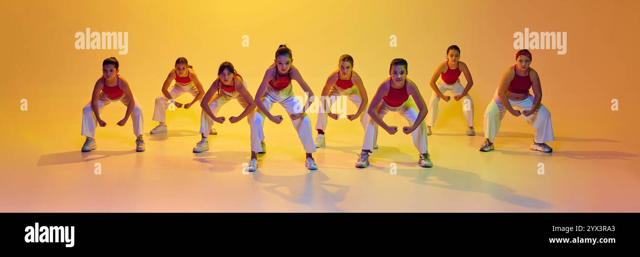 Creative dance banner. Group of teen girl wearing matching clothes, red ...