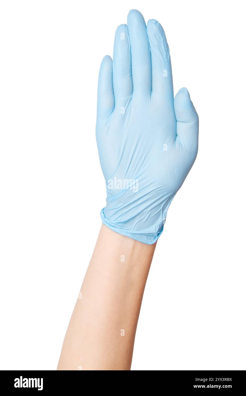 Hand in medical gloves making a stop gesture on an empty background ...