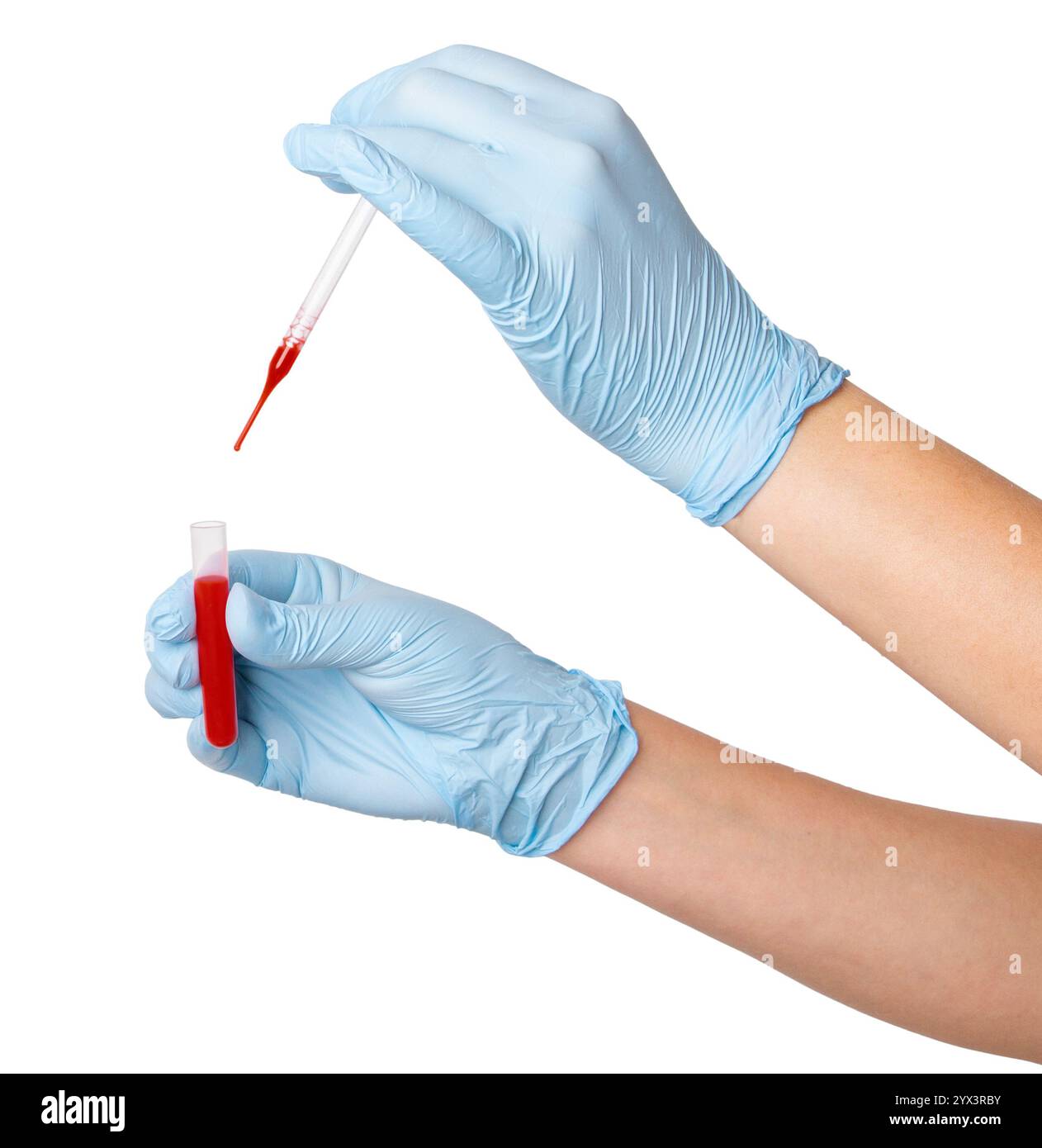 Hand in medical gloves holding a pipette with blood and a test tube ...