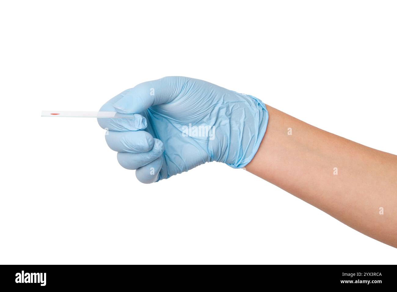 Hand in medical gloves holding a microscope slide with a drop of blood ...