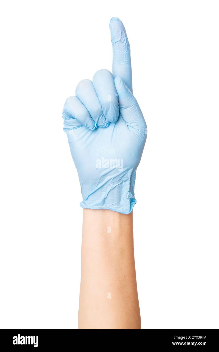 Hand in medical gloves showing the number one or making a "stop ...
