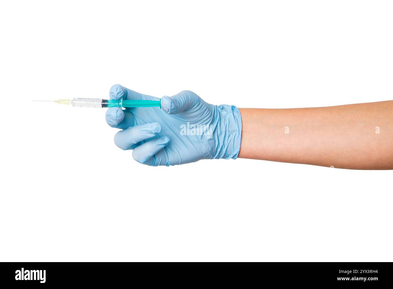 Hand in medical gloves holding a syringe with a needle on an empty ...