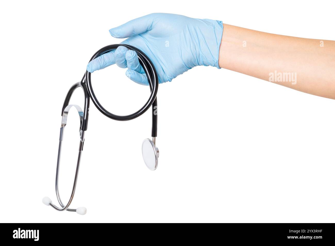 Hand in medical gloves holding a stethoscope on an empty background ...