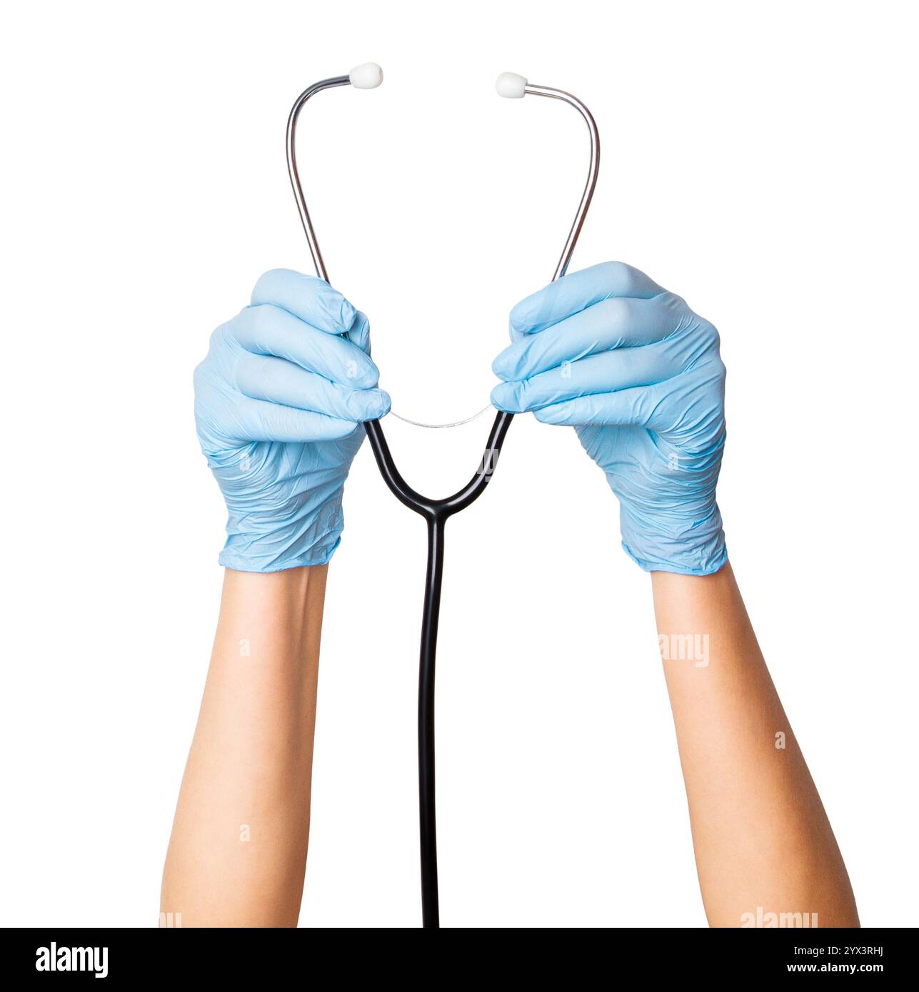 Hand in medical gloves holding a stethoscope on an empty background ...