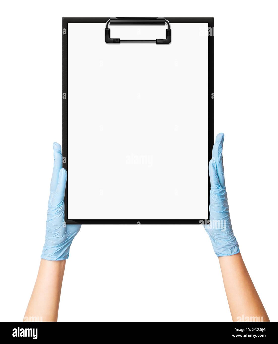 Hands in medical gloves holding a clipboard with notes on an empty ...