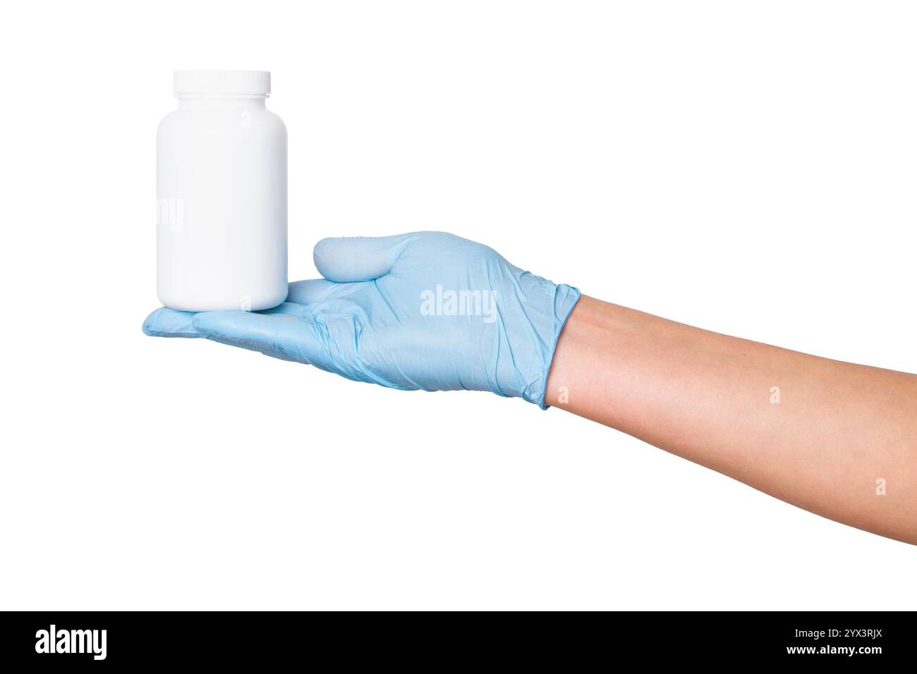Hand in medical gloves holding a white jar with tablets or capsules on ...