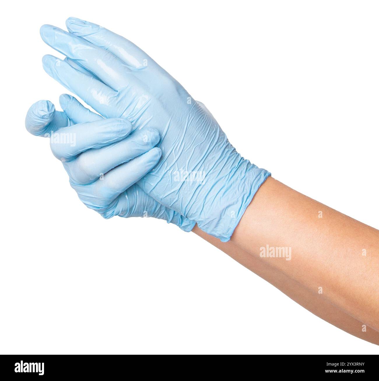 Hands in medical gloves rubbing together on an empty background ...