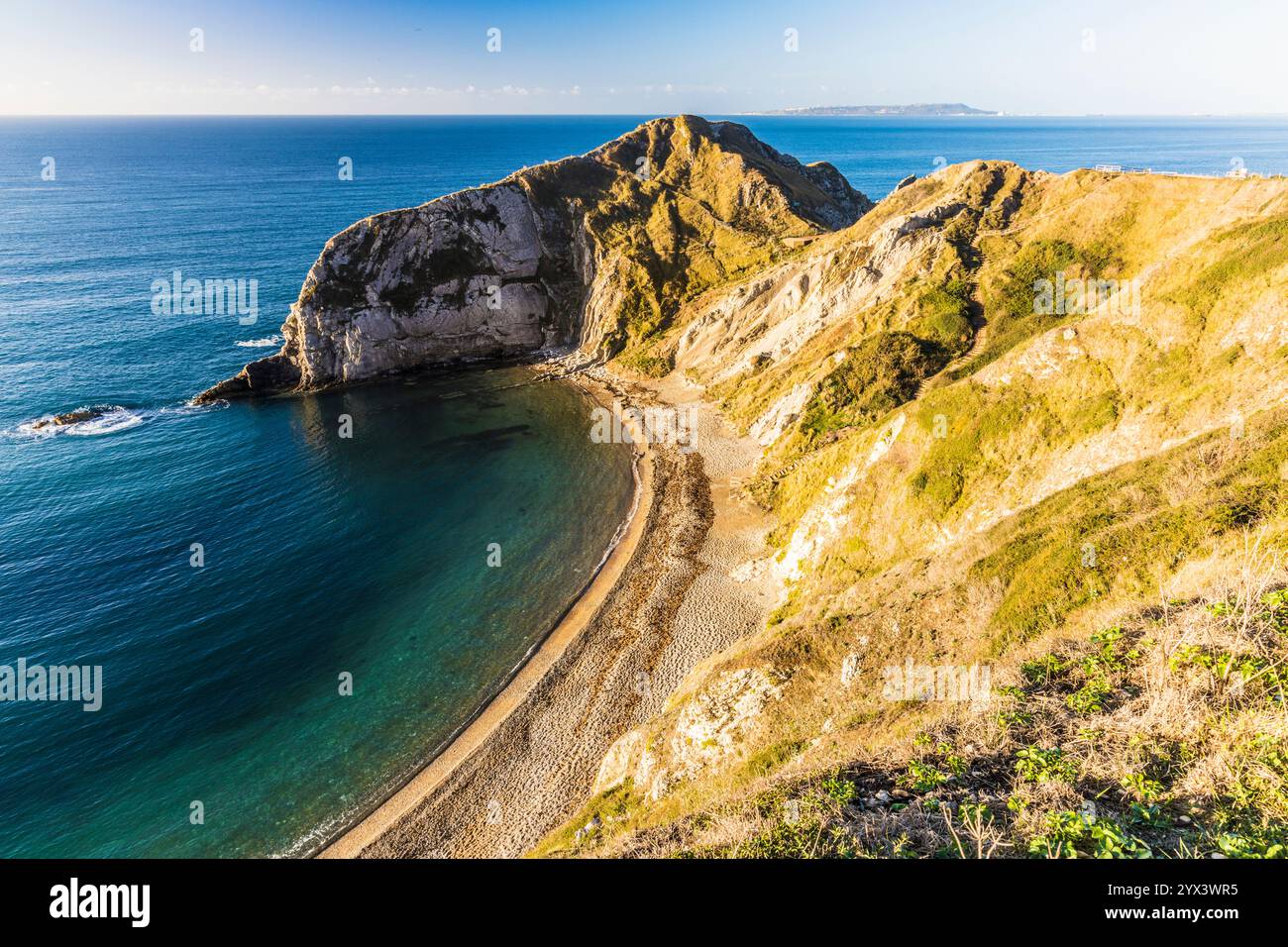 View over Man O'War Beach in Dorset looking west at sunrise Stock Photo ...