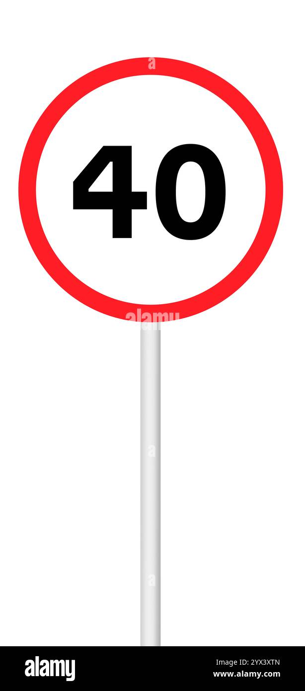 Speed limit sign 40 on a blank background with a white pole. Suitable ...