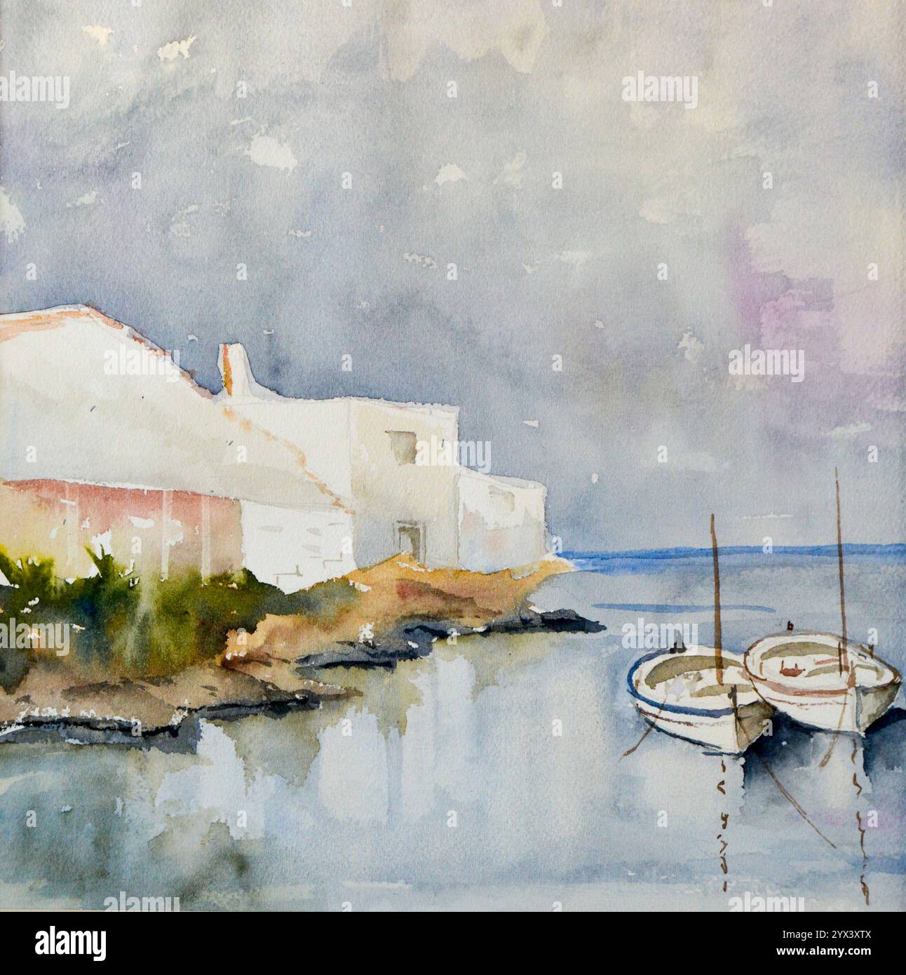 Watercolor of a seascape with two boats Stock Photo - Alamy