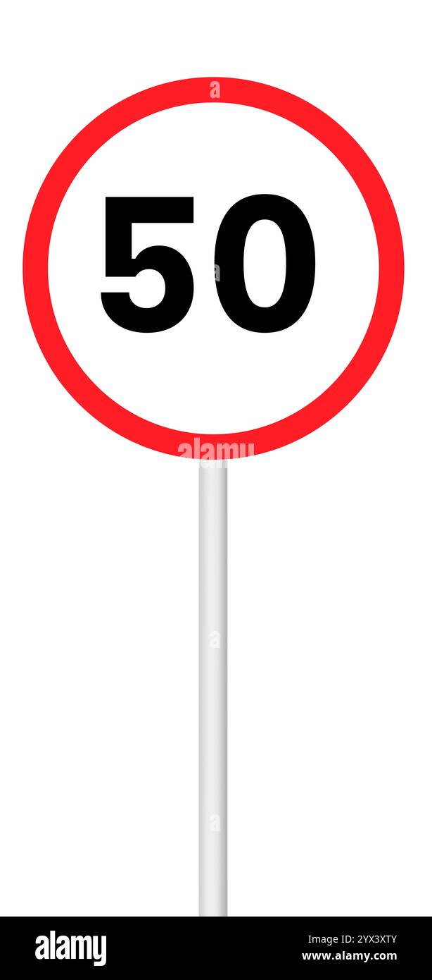 Speed limit sign 50 on a blank background with a white pole. Suitable ...