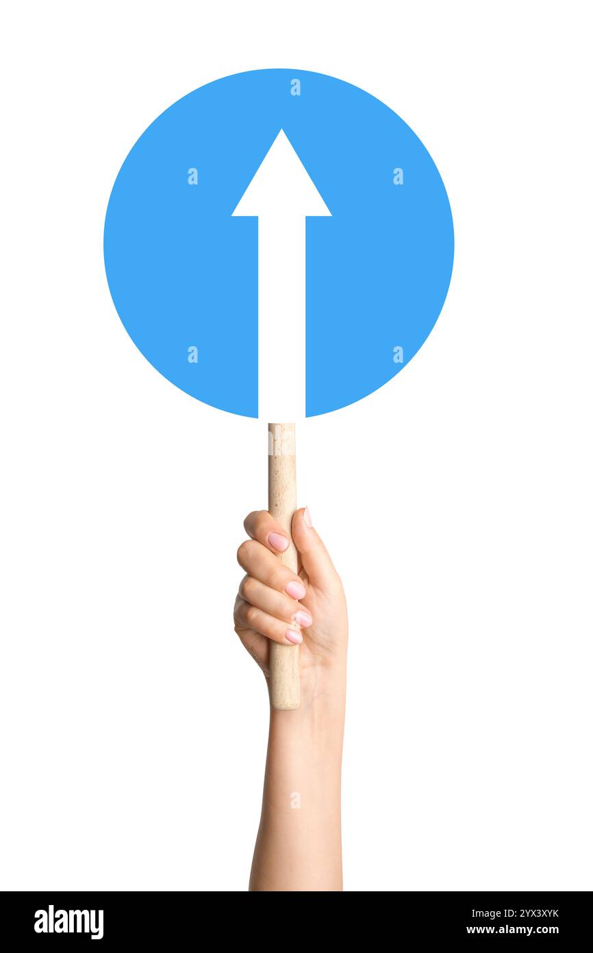 Forward arrow sign in a person’s hand on a blank background. Great for ...