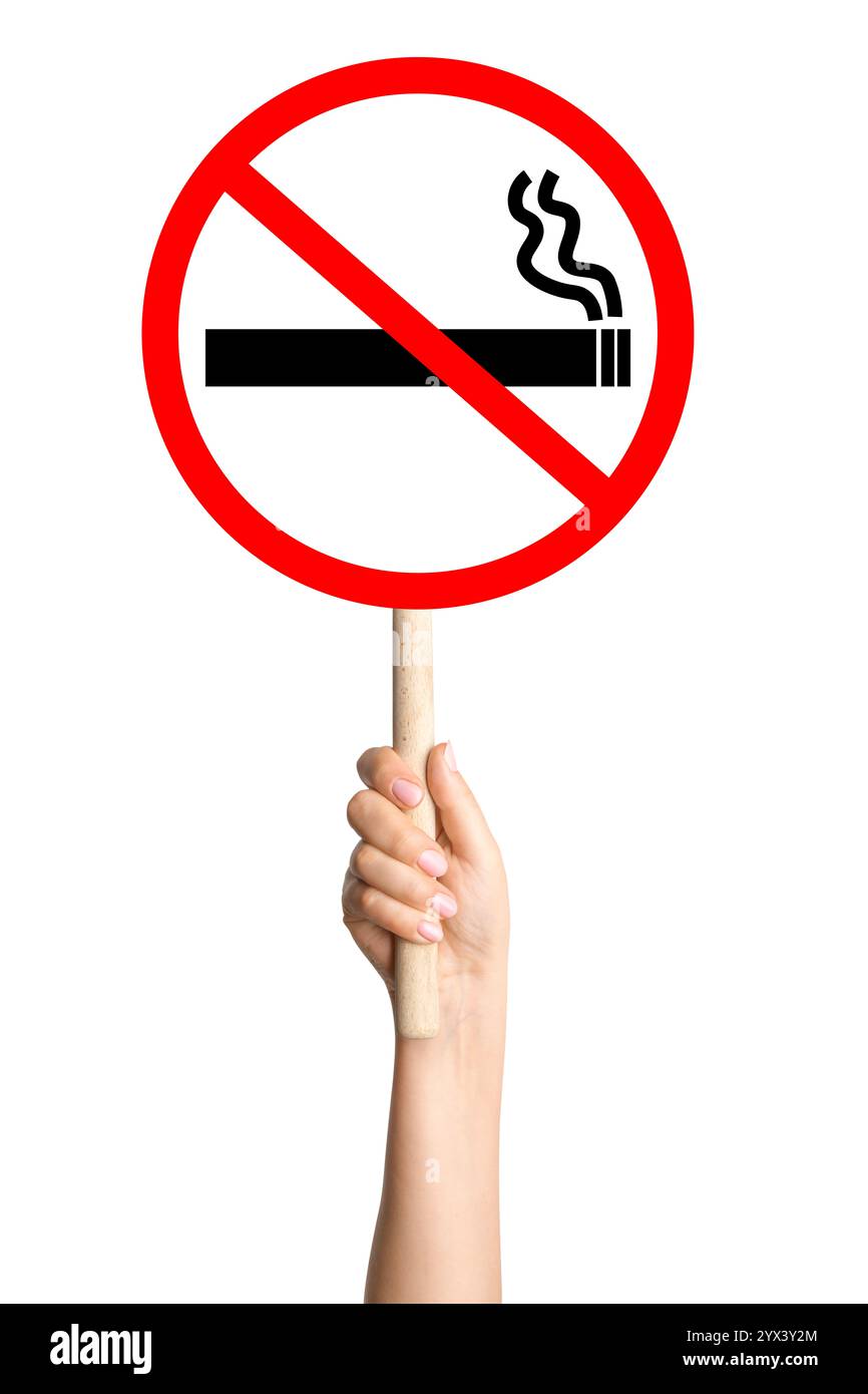 No smoking sign in a person’s hand on a blank background. Great for ...