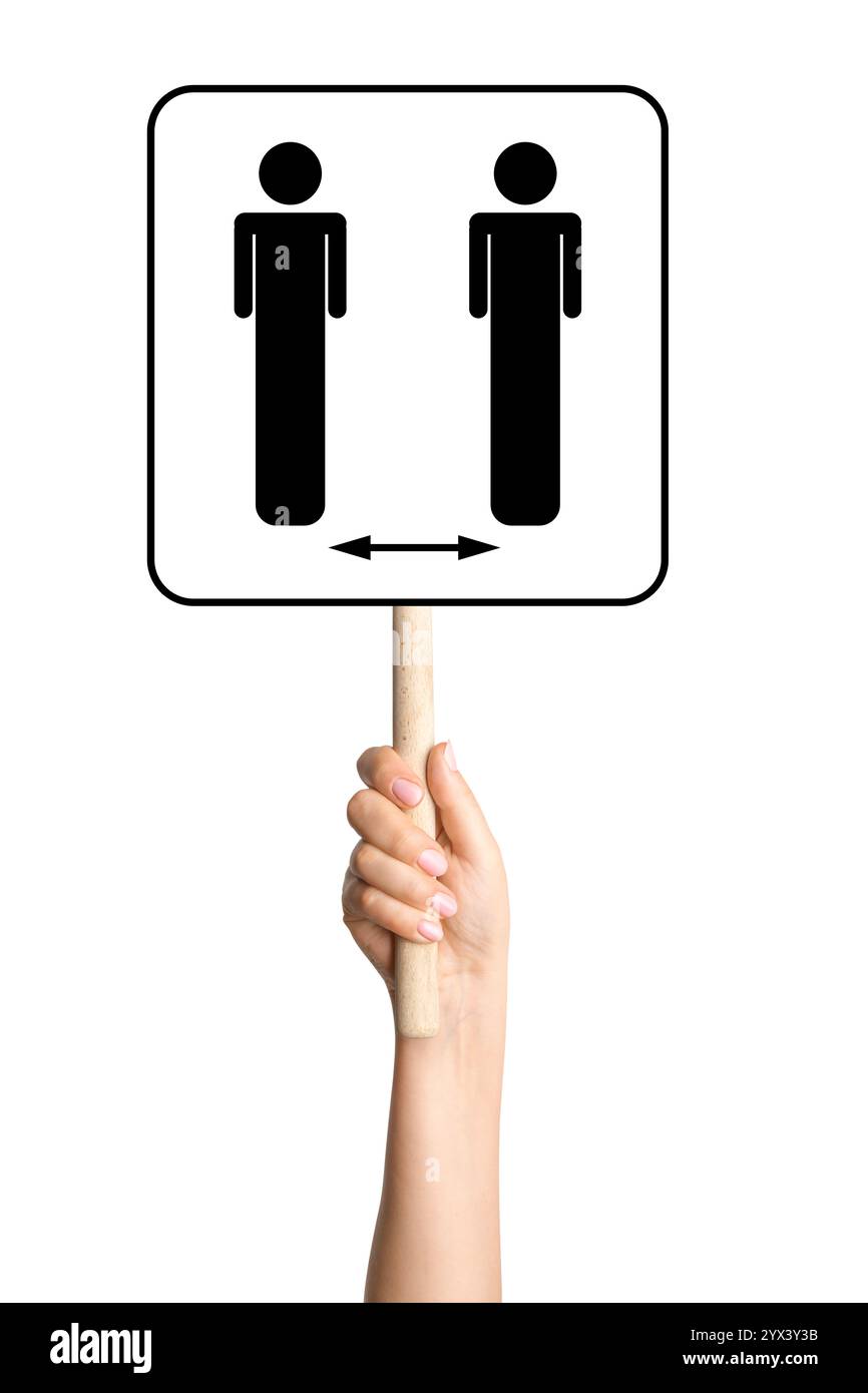 Distance sign between people in a person’s hand on a blank background ...