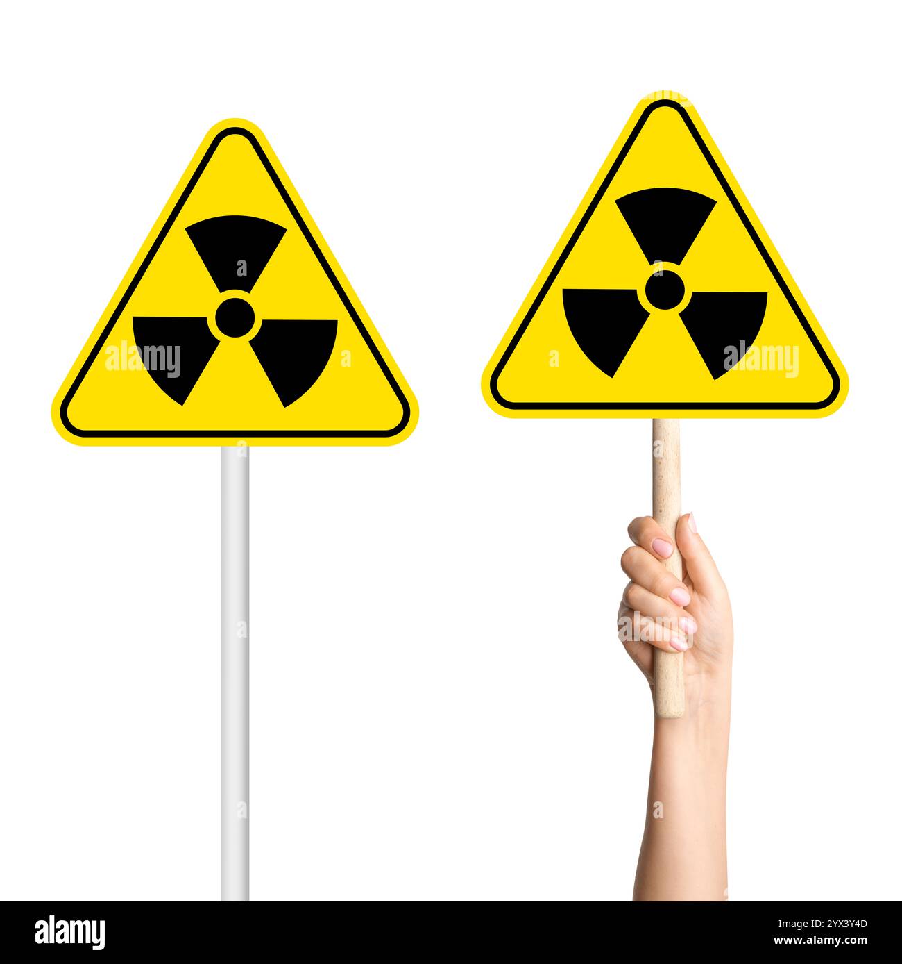 Set of radiation sign with a pole and in a person’s hand on a blank ...