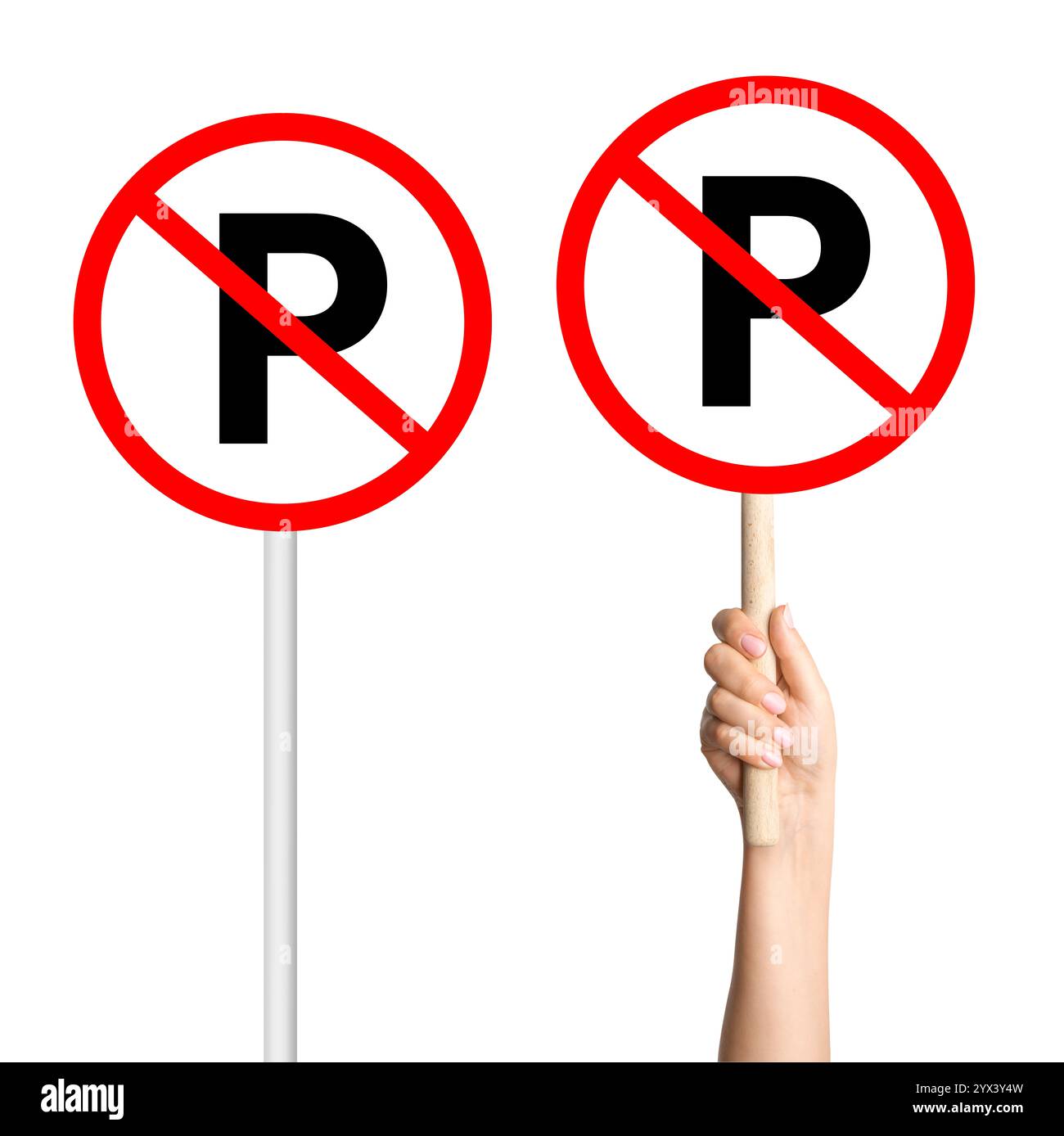 Set of no parking sign with a pole and in a person’s hand on a blank ...