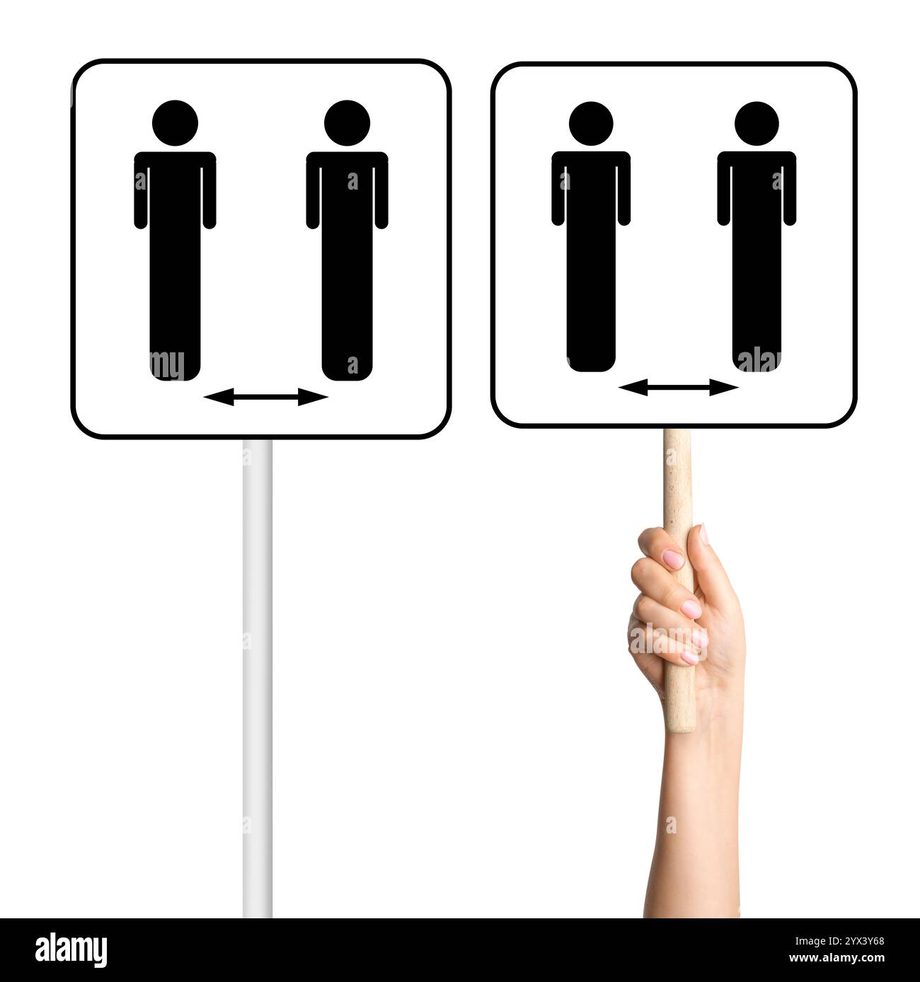 Set of distance sign between people with a pole and in a person’s hand ...