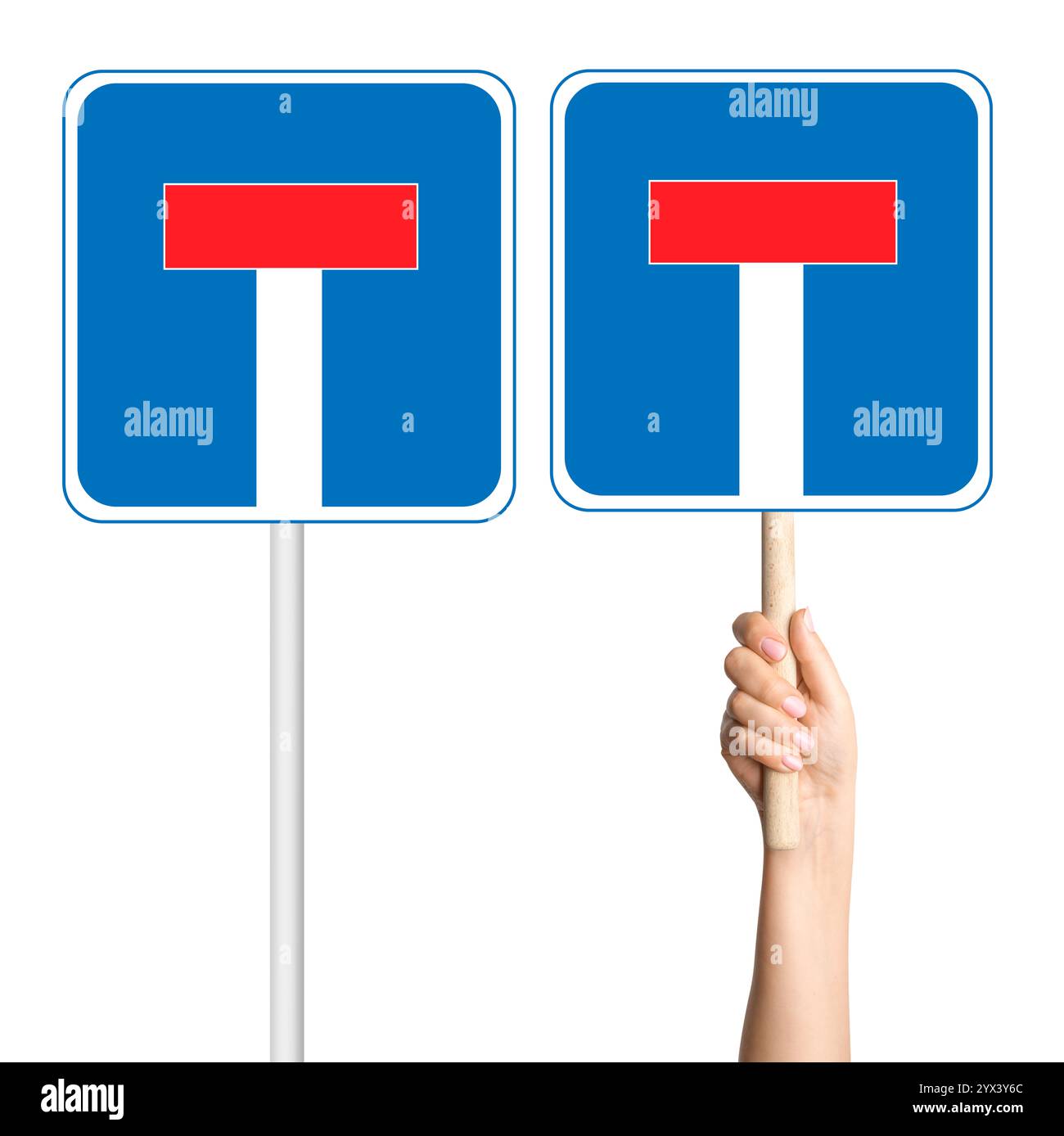 Set of dead end sign with a pole and in a person’s hand on a blank ...