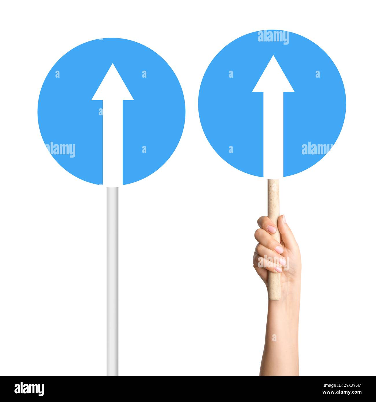 Set of forward arrow sign with a pole and in a person’s hand on a blank ...