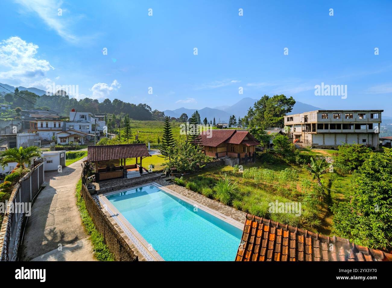 Outdoor Pool with Sunbathing Area and Clear Skies. Panoramic View of a ...