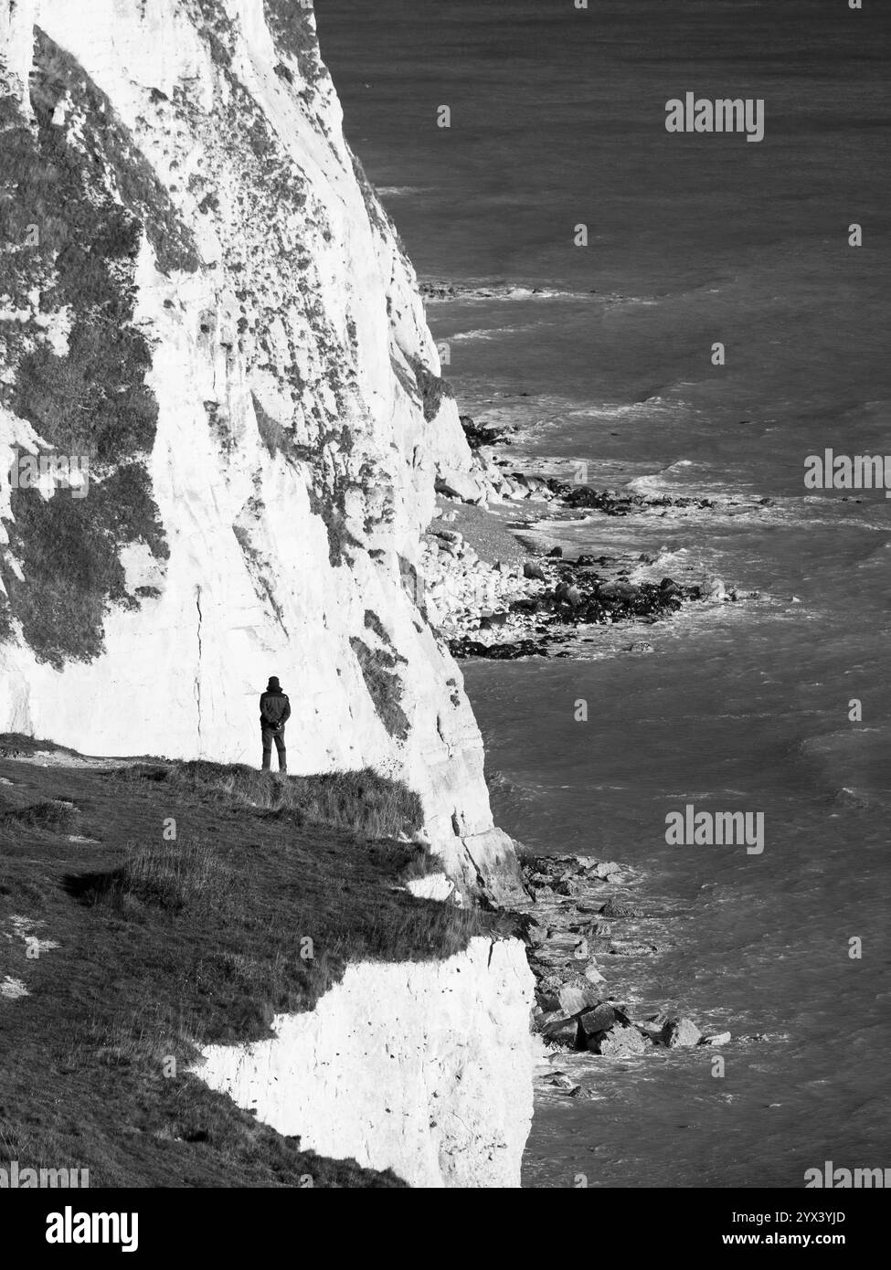 Black and White Landscape, Man standing on the Edge of the White Cliffs ...