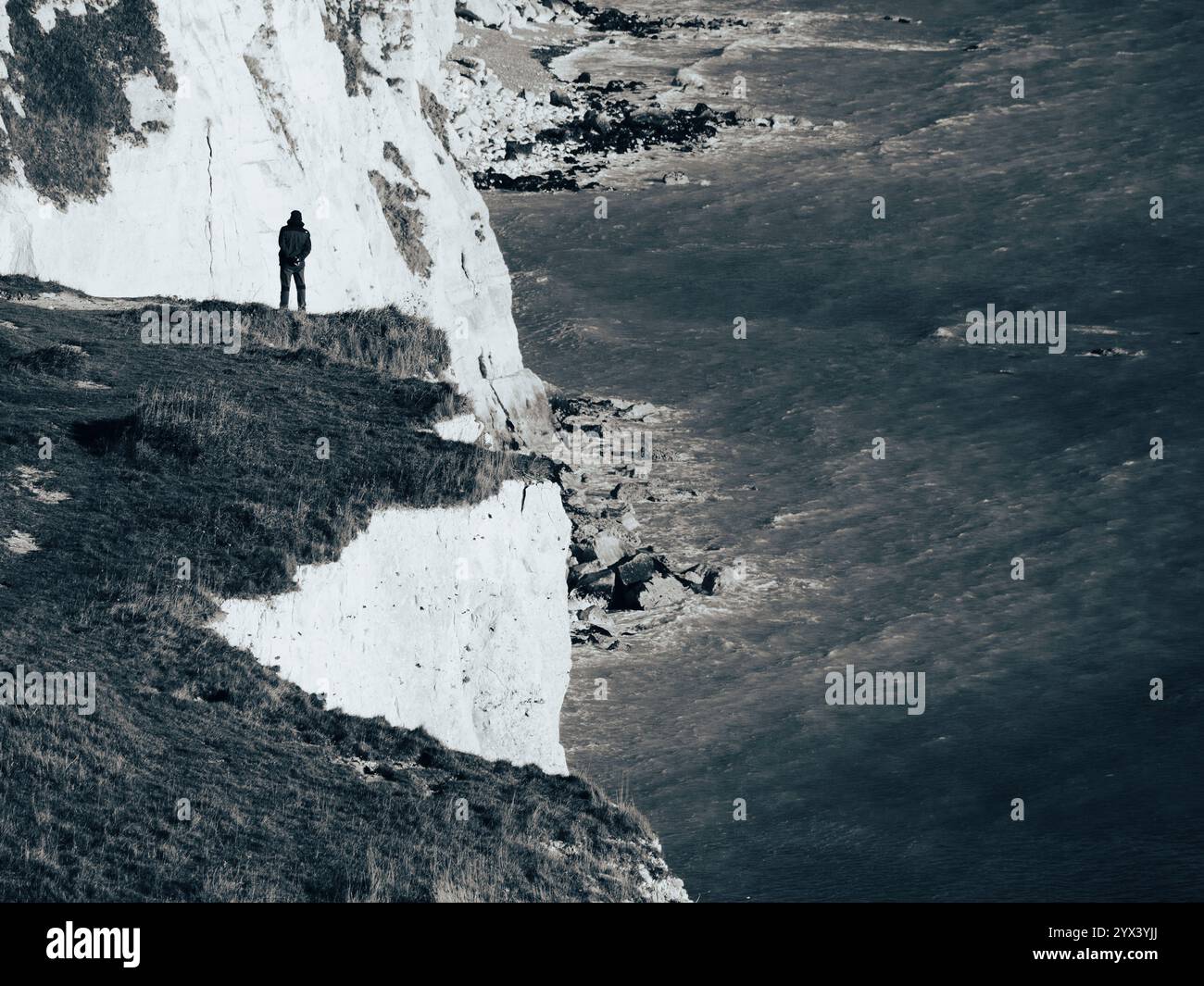Black and White Landscape, Man standing on the Edge of the White Cliffs ...