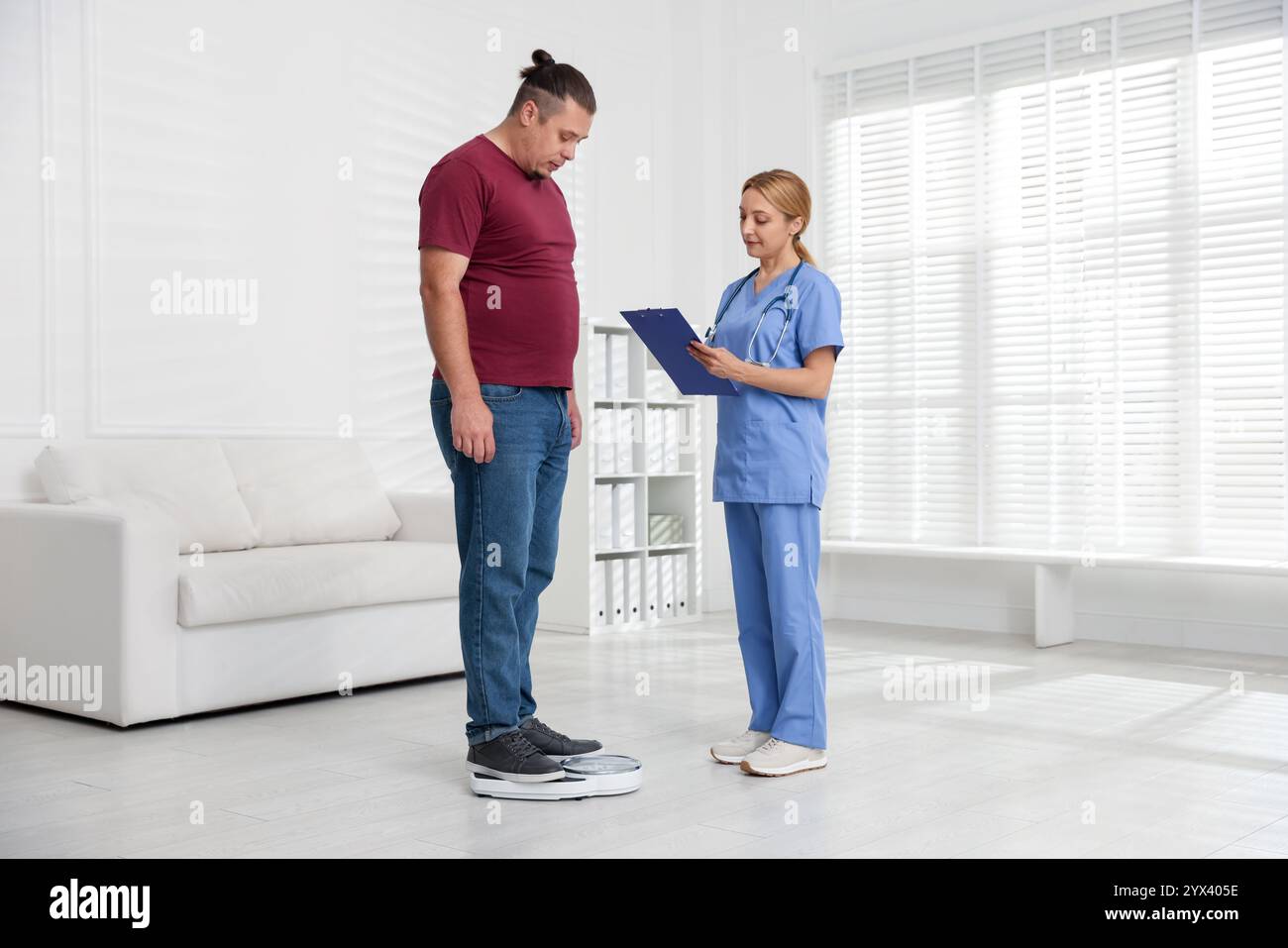 Obese standing on scales hi-res stock photography and images - Alamy