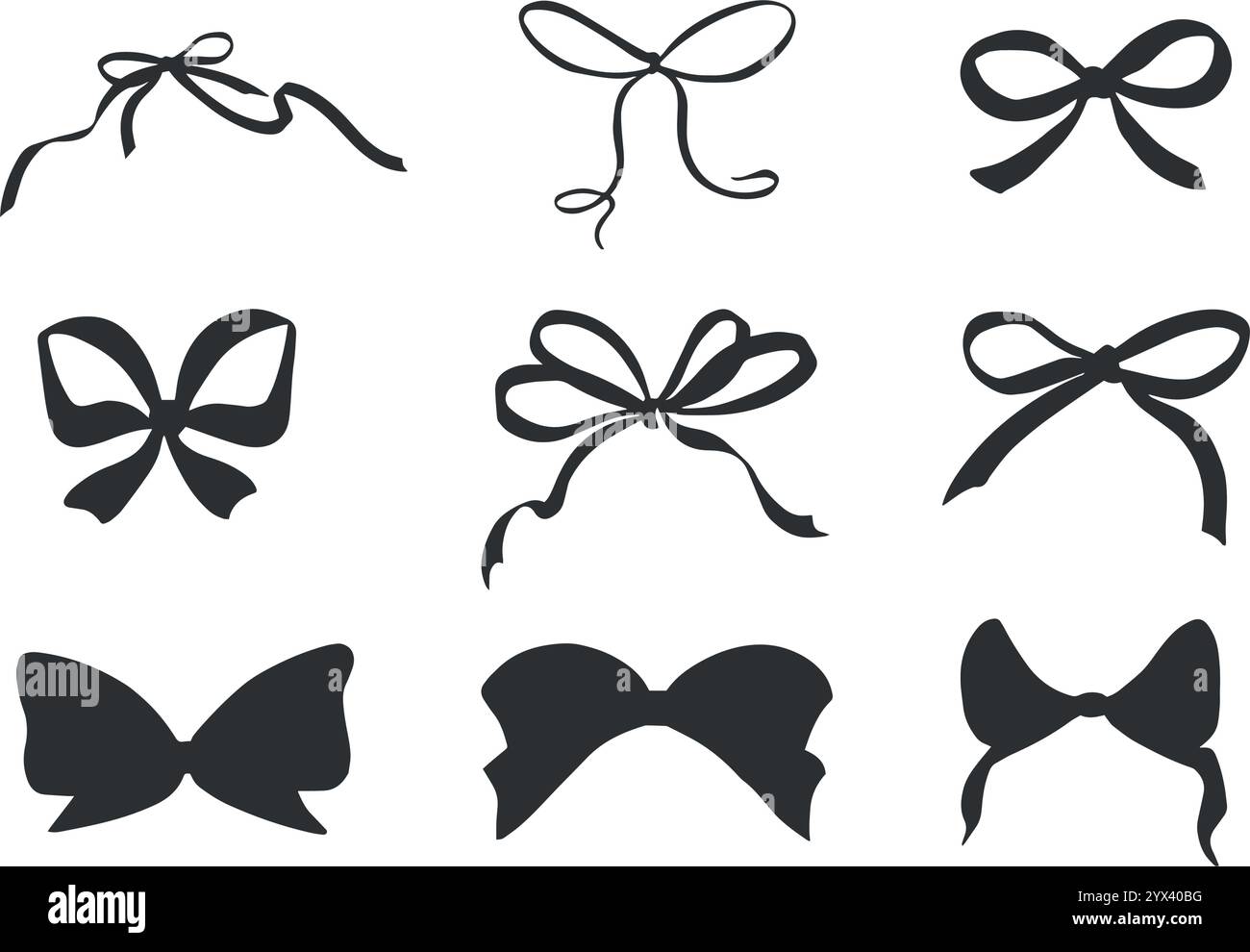 Bows tied with silk ribbons. Festive set of tapes. Vector graphic ...