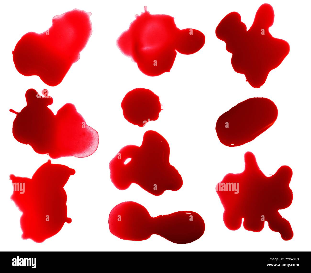 set of blood drops or stains on isolated blank background Stock Photo ...