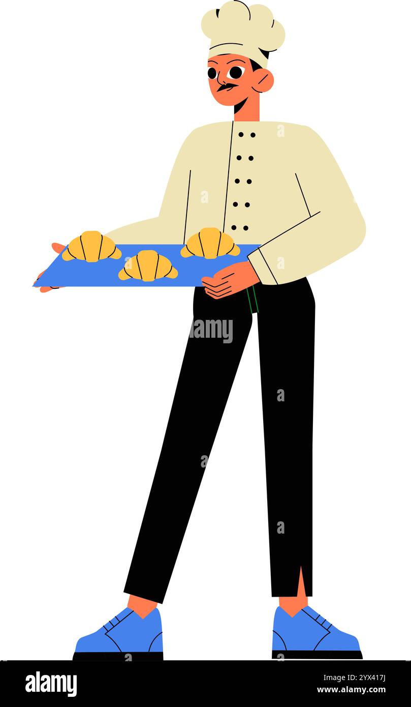 Male Baker Holding A Tray Of Freshly Baked Croissants In Flat Vector ...