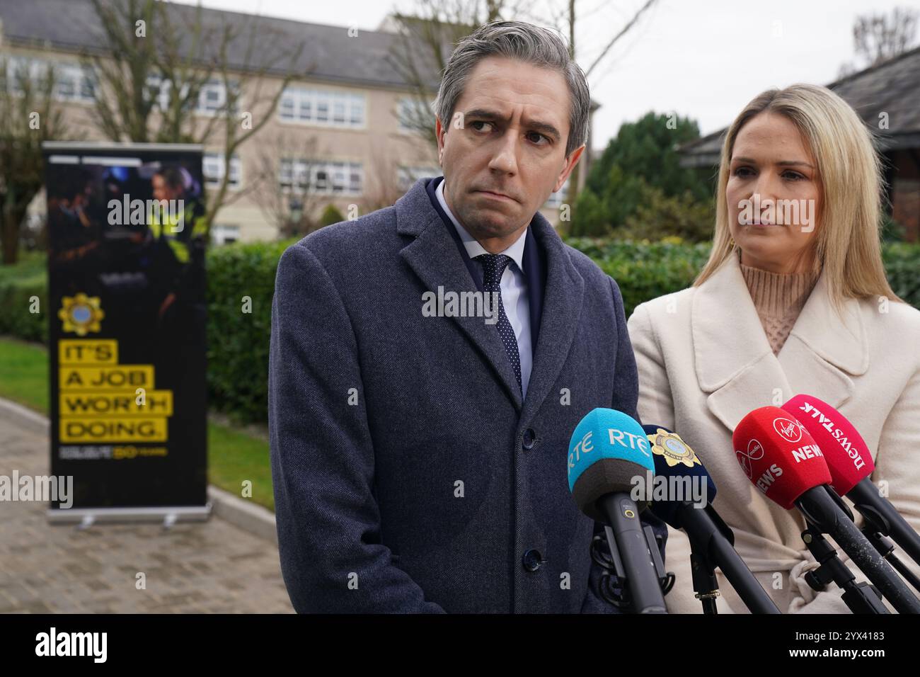 Taoiseach Simon Harris and Minister for Justice Helen McEntee speaking ...