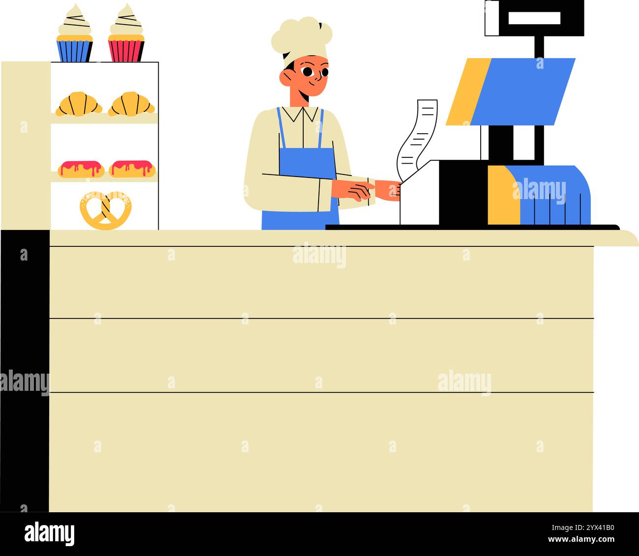 Male Cashier In Bakery Setting At Counter With Pastries In Flat Vector ...