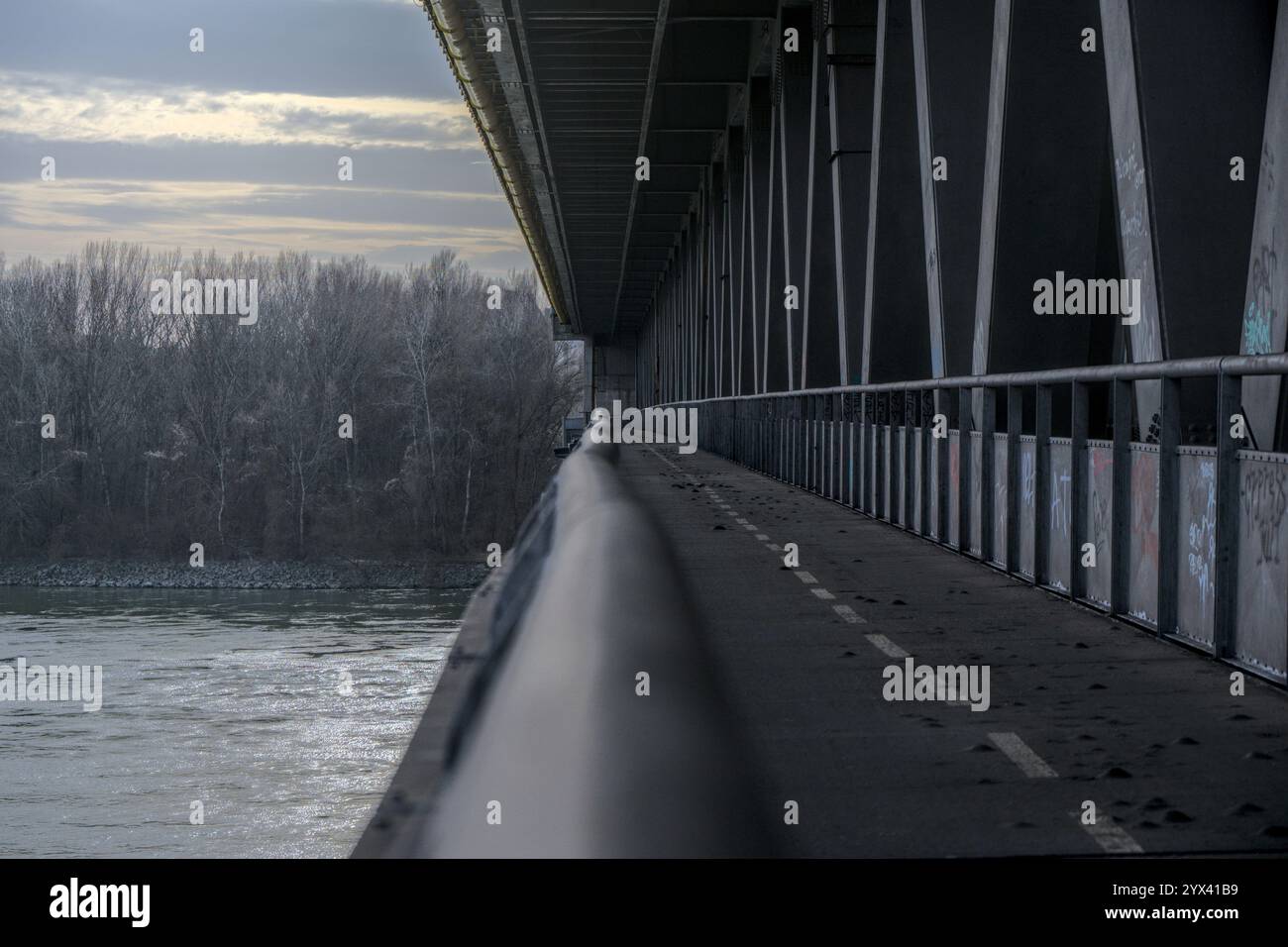 Pedestrian and cycle path under a bridge along the Danube River Stock ...
