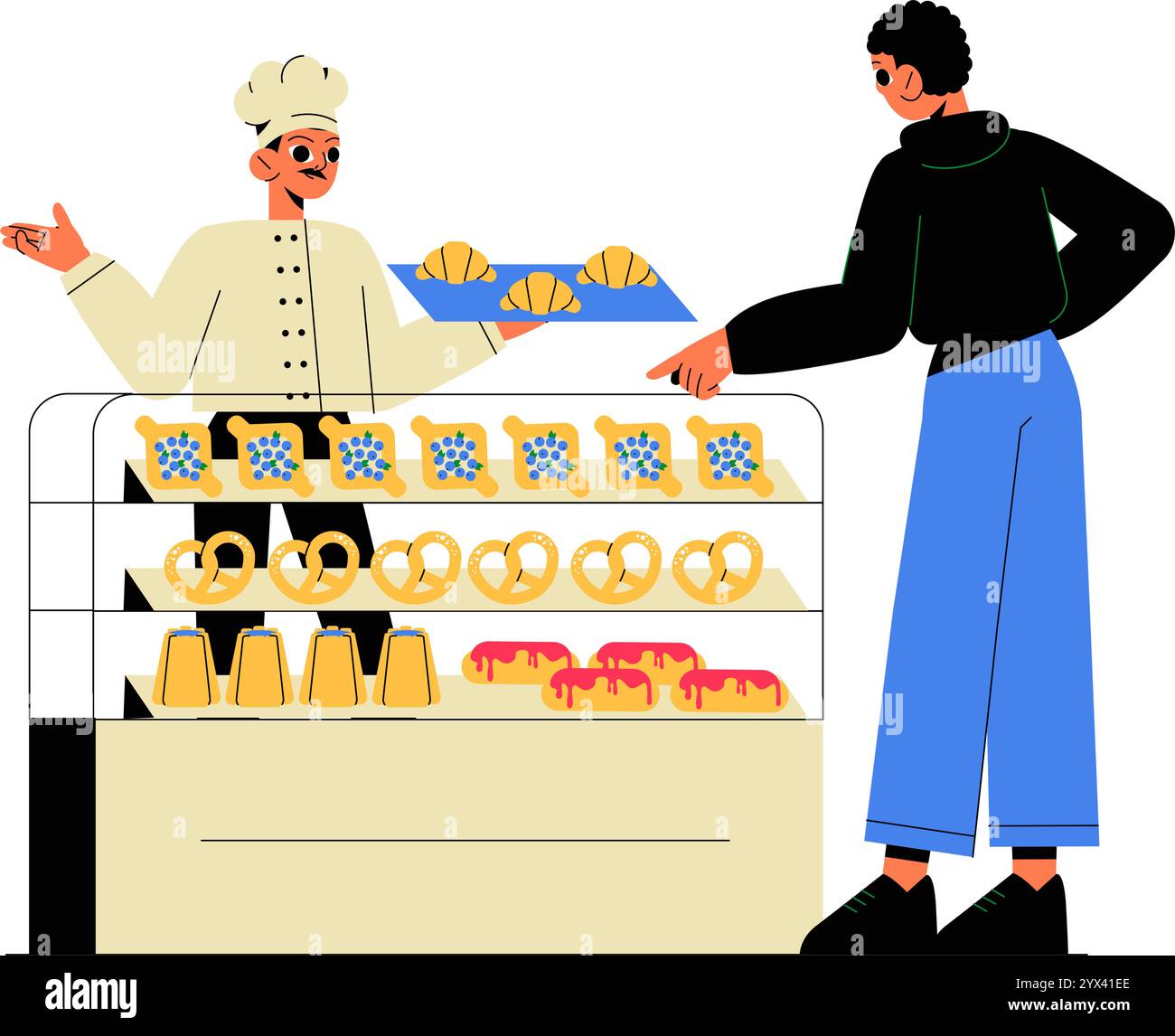 Male Baker Serving Pastries To A Customer At A Bakery Counter In Flat ...