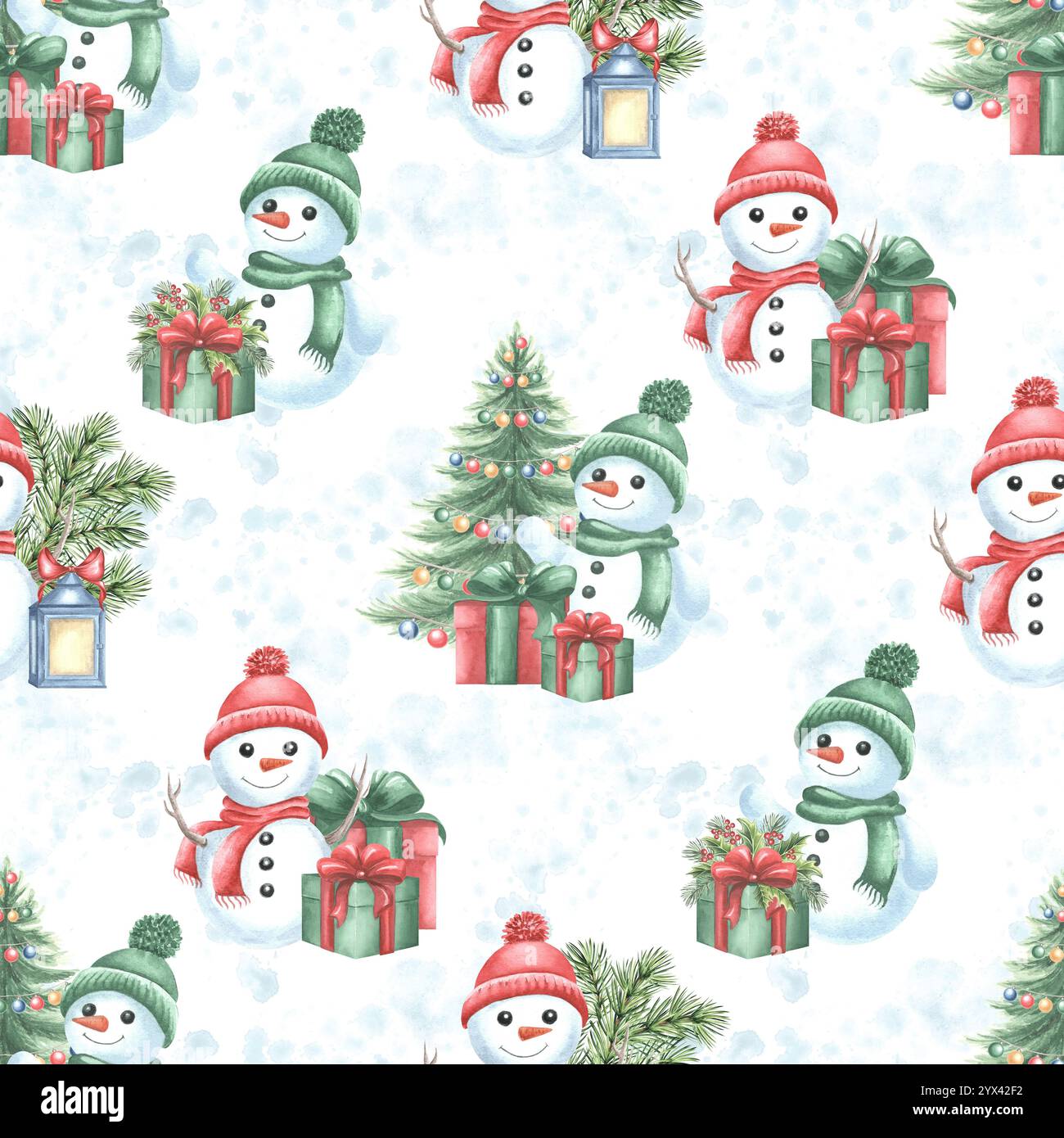 Snowmen with christmas tree, gift boxes and lantern. Winter seamless ...