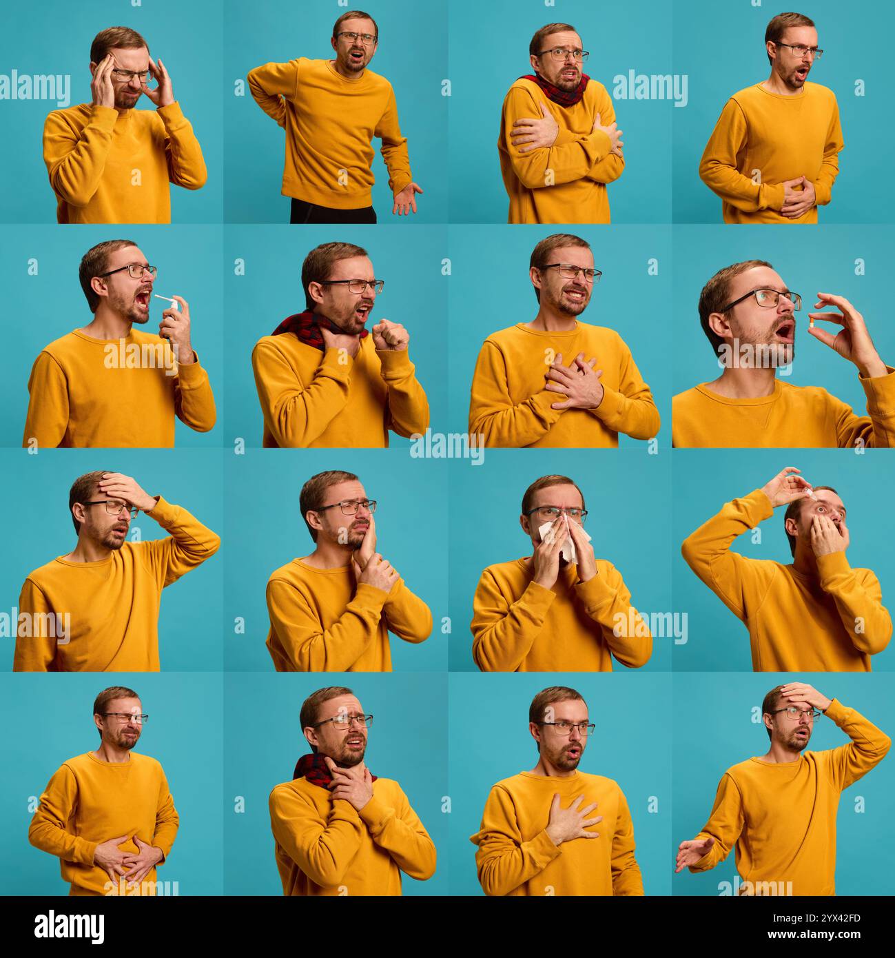 Mosaic made of portraits sick, feels badly man suffering from rainy ...