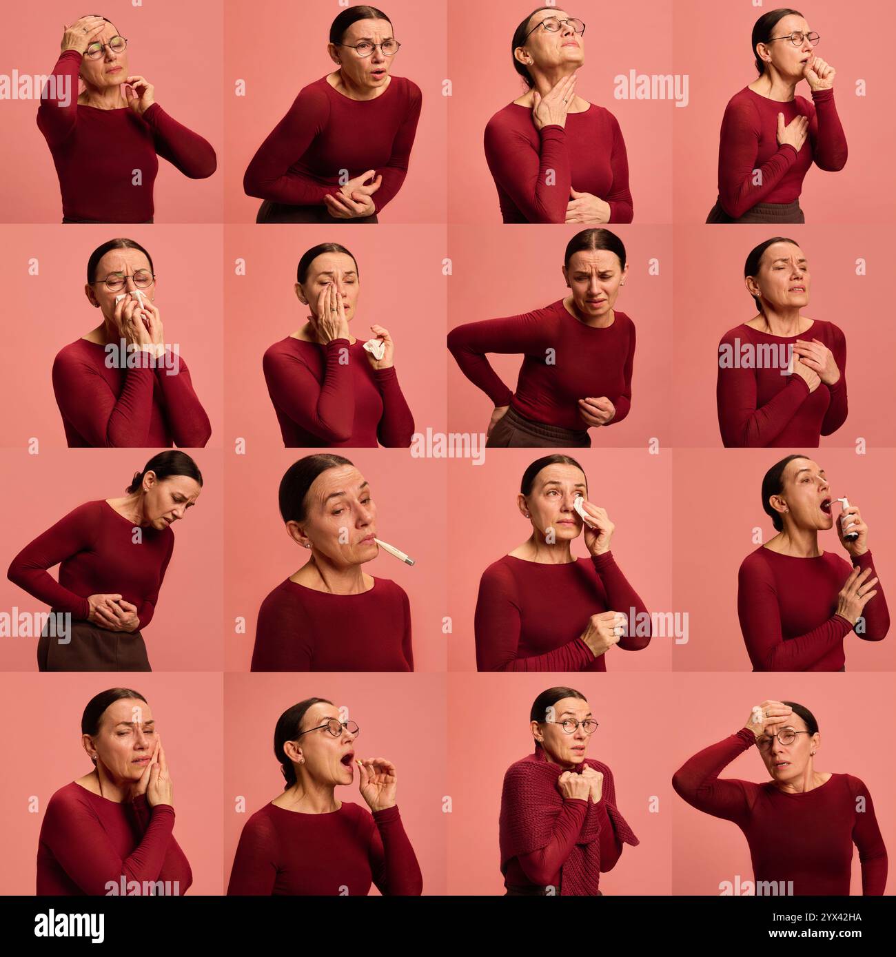 Portrait of senior woman, pensioner feels bad, sick posing against ...