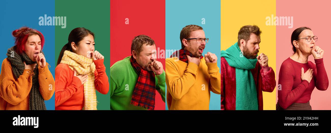 Collage. Banner. People of different ages and races suffering from ...