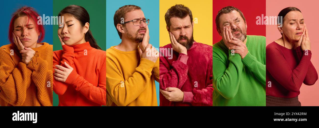 Collage. Banner. People of different ages and races suffering from ...