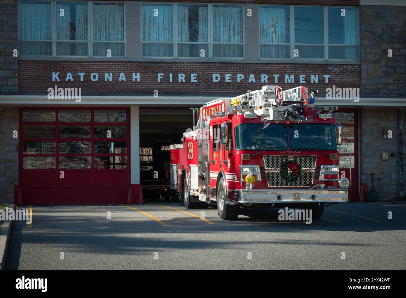 A fire engine exiting the station in Katonah, Westchester, New York. It ...