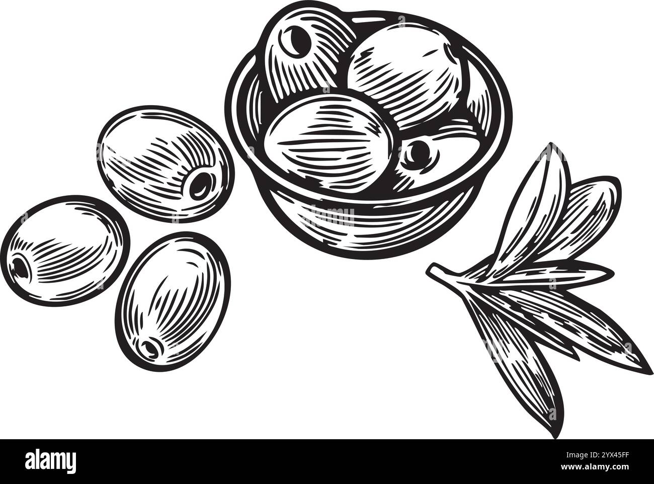 Olives and kitchen utensils line drawing isolated on white background ...