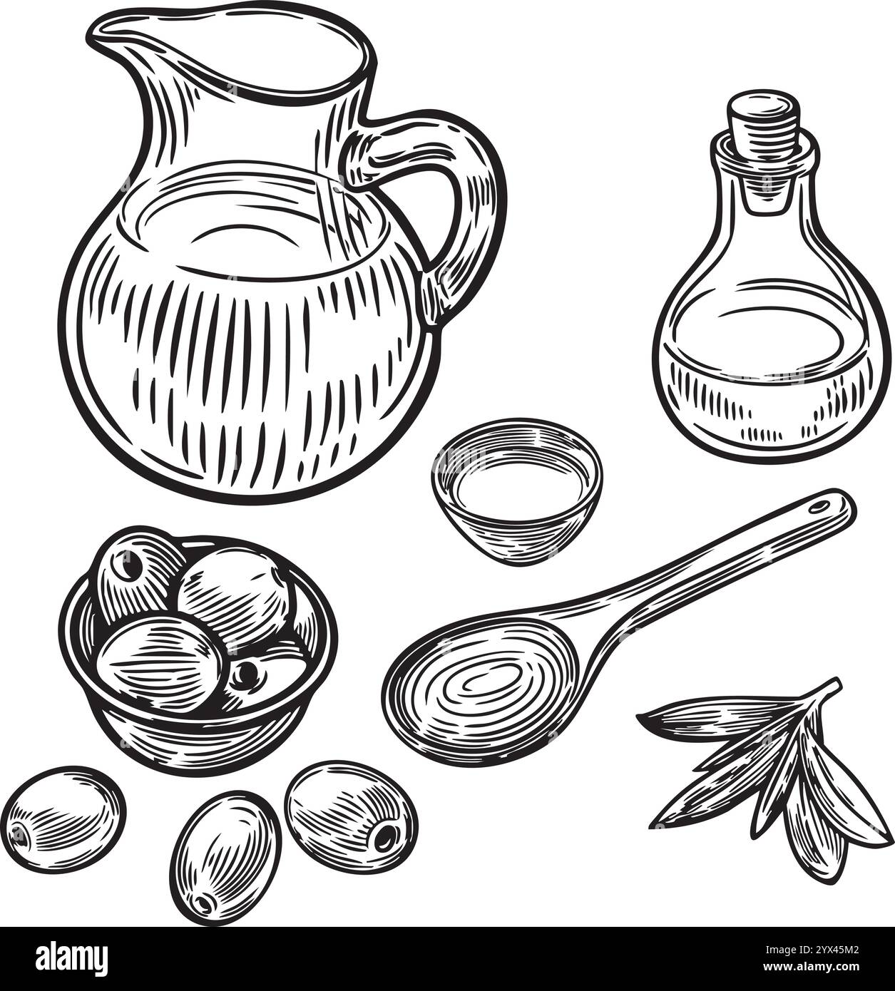 Olives, leaves and kitchen utensils line drawing isolated on white ...