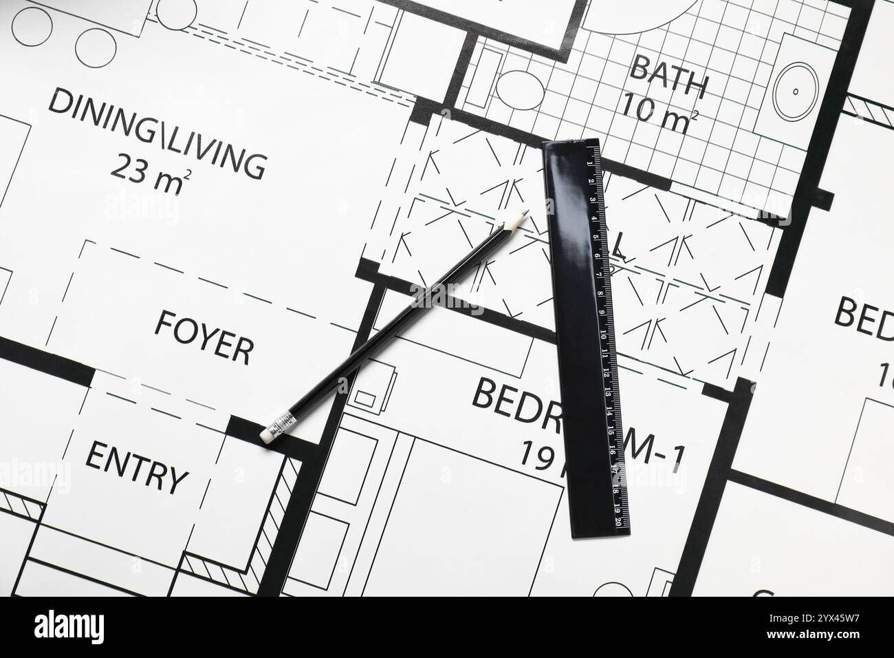 Ruler and pencil on different architectural drawings, top view Stock ...