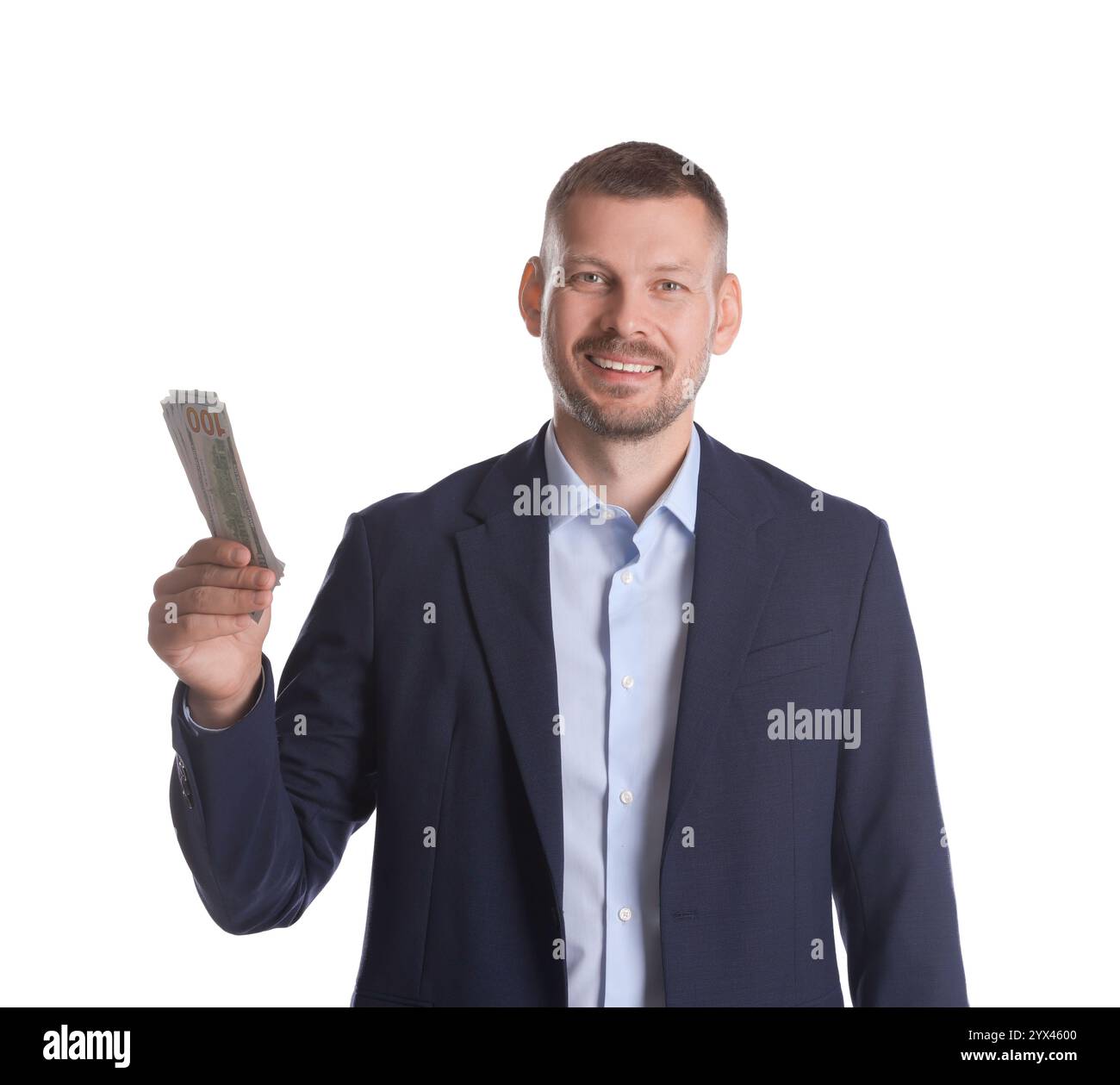 Banker with dollar banknotes on white background Stock Photo - Alamy