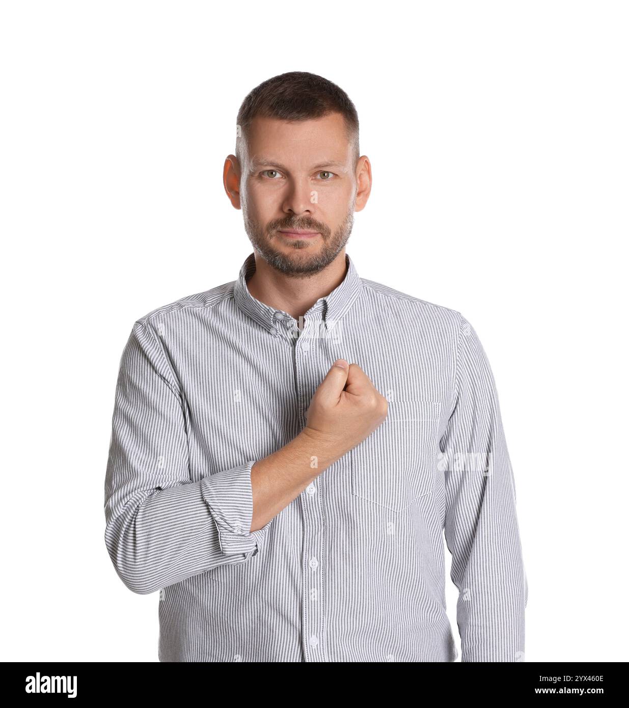 Man making promise on white background. Oath gesture Stock Photo - Alamy