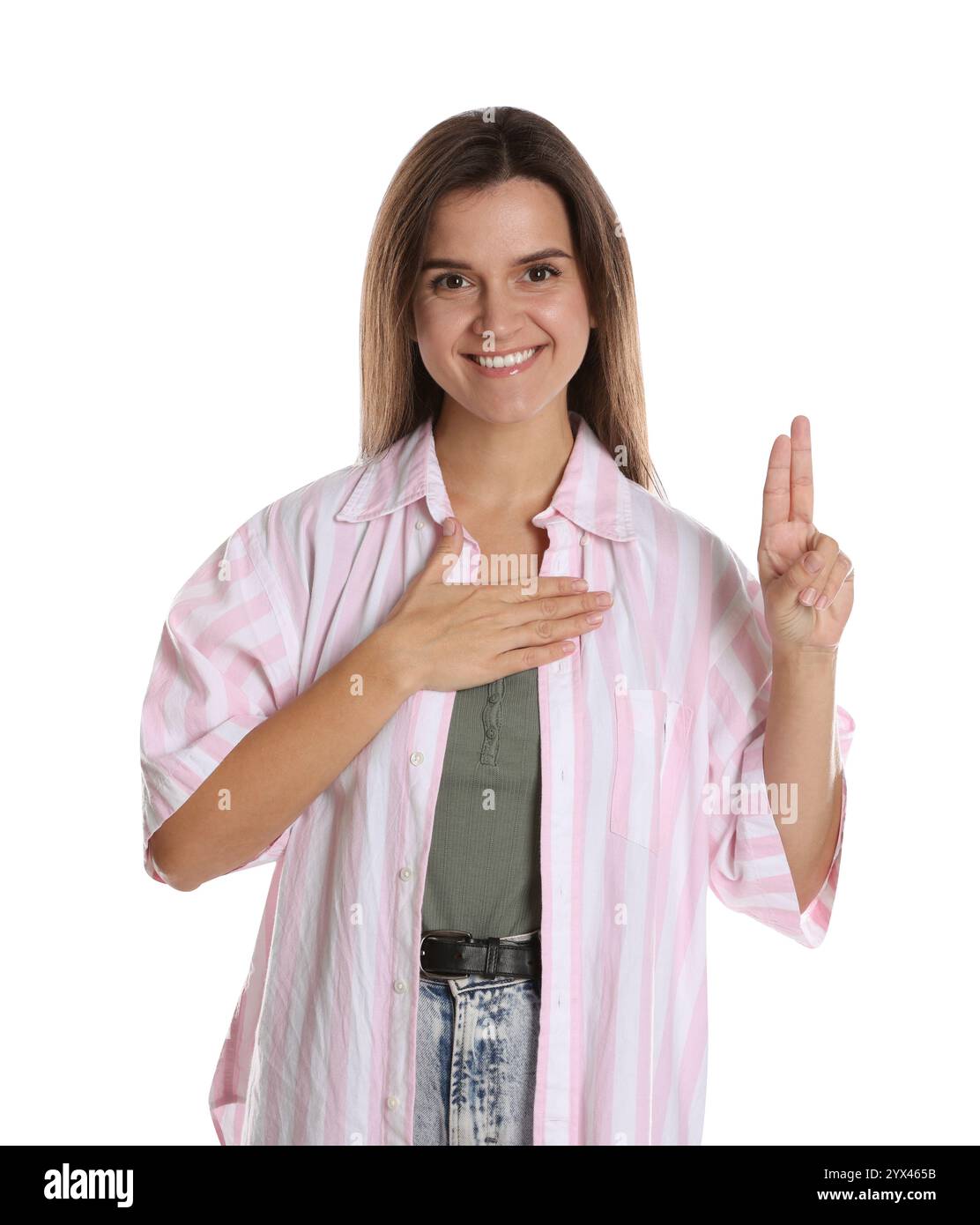 Woman showing oath gesture on white background. Making promise Stock ...