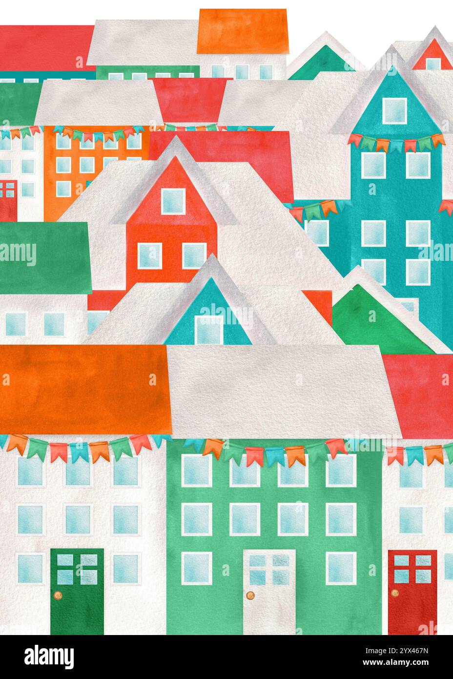 Ready-made postcard design. Northern colorful houses background. Hand ...